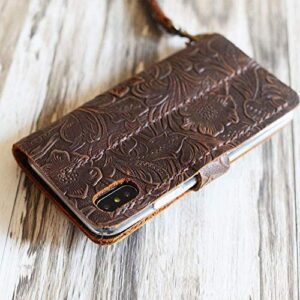 Leather iPhone XR wallet Case Handmade Wristlet iPhone XR Cover Tooled Flower Brown - 408H-6