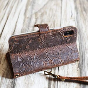 Leather iPhone XR wallet Case Handmade Wristlet iPhone XR Cover Tooled Flower Brown - 408H-6