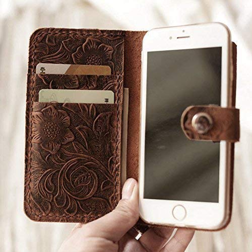 Leather iPhone XR wallet Case Handmade Wristlet iPhone XR Cover Tooled Flower Brown - 408H-6