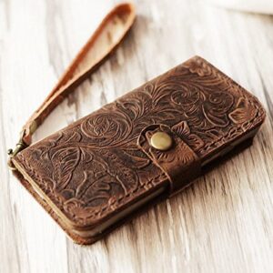 Leather iPhone XR wallet Case Handmade Wristlet iPhone XR Cover Tooled Flower Brown - 408H-6