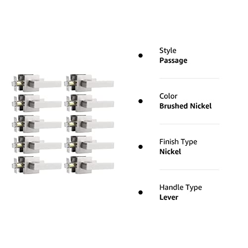 Probrico 10 Pack Satin Nickel Door Levers for Hall and Closet,Passage Function Contractor Pack,Square Lockset Leverset Modern Style,Interior Door Handles Heavy Duty