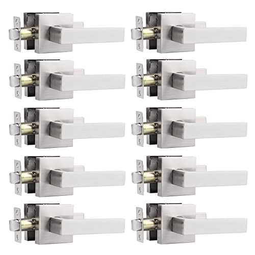 Probrico 10 Pack Satin Nickel Door Levers for Hall and Closet,Passage Function Contractor Pack,Square Lockset Leverset Modern Style,Interior Door Handles Heavy Duty