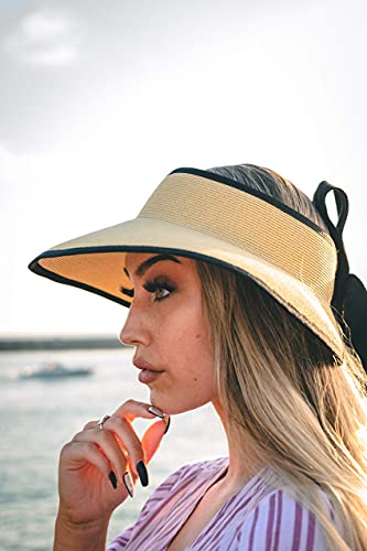 Pineapple&Star Vienna Visor Women’s Summer Sun Straw Foldable Hat UPF 50+ (Black)