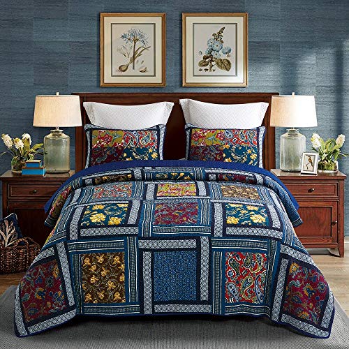 DECMAY 100% Cotton California King Quilt - Oversized King Bedspread, Handmade Real Patchwork Quilts for All Season, Lightweight Country Quilt Sets with 2 Pillowcase