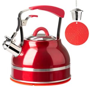 secura whistling tea kettle, 2.3 qt tea pot, stainless steel hot water kettle for stovetops with silicone handle, tea infuser, silicone trivets mat, red