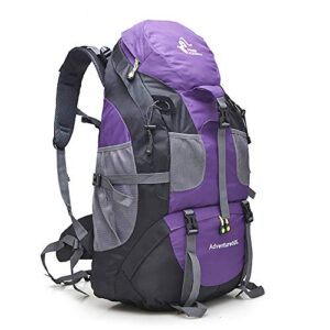 bseash 50l water resistant hiking backpack, lightweight outdoor sport daypack travel bag for camping climbing touring (purple - no shoe compartment)