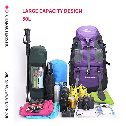 Bseash 50L Water Resistant Hiking Backpack, Lightweight Outdoor Sport Daypack Travel Bag for Camping Climbing Touring (Purple - No Shoe Compartment)