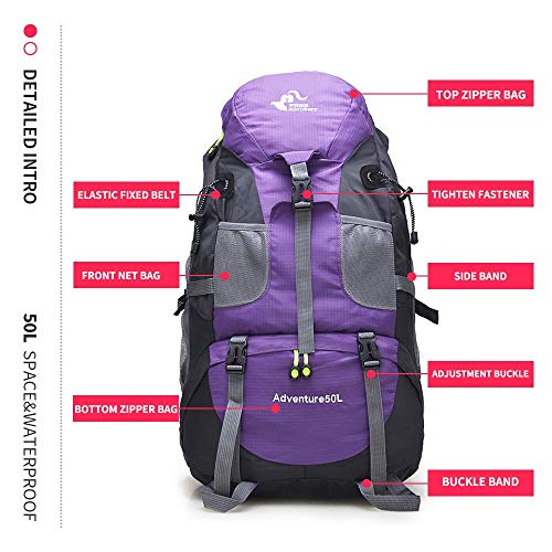 Bseash 50L Water Resistant Hiking Backpack, Lightweight Outdoor Sport Daypack Travel Bag for Camping Climbing Touring (Purple - No Shoe Compartment)