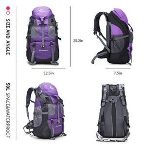 Bseash 50L Water Resistant Hiking Backpack, Lightweight Outdoor Sport Daypack Travel Bag for Camping Climbing Touring (Purple - No Shoe Compartment)