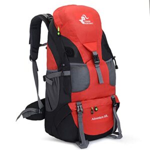 bseash 50l water resistant hiking backpack, lightweight outdoor sport daypack travel bag for camping climbing touring (red - no shoe compartment)