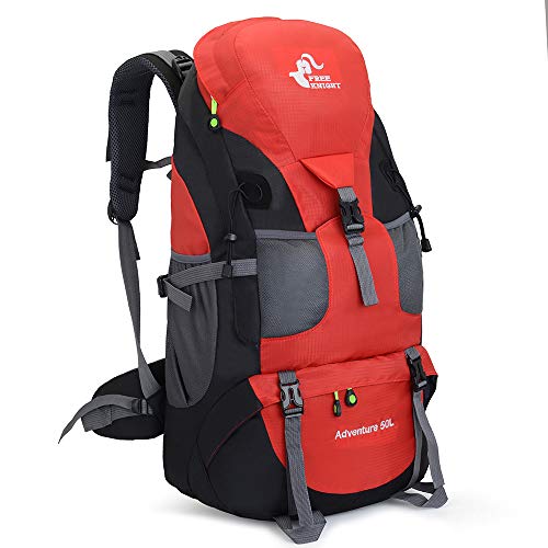 Bseash 50L Water Resistant Hiking Backpack, Lightweight Outdoor Sport Daypack Travel Bag for Camping Climbing Touring (Red - No Shoe Compartment)