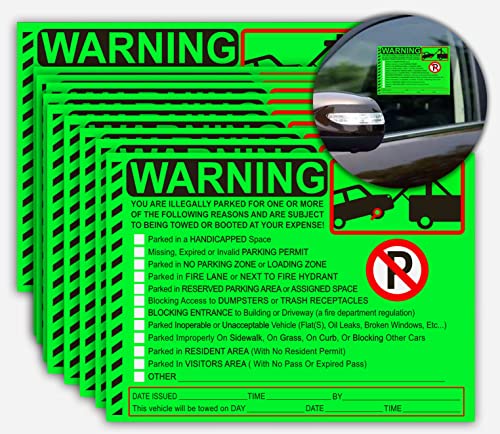 Parking Violation Stickers Notice Parking Violation Stickers Tow Warning You are Illegally Parked Multi Reasons 50 pcs Private Parking Warning Sticker for Car Window Fluorescent Green 5.5X7.5 inch