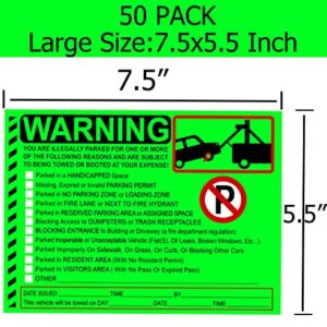 Parking Violation Stickers Notice Parking Violation Stickers Tow Warning You are Illegally Parked Multi Reasons 50 pcs Private Parking Warning Sticker for Car Window Fluorescent Green 5.5X7.5 inch