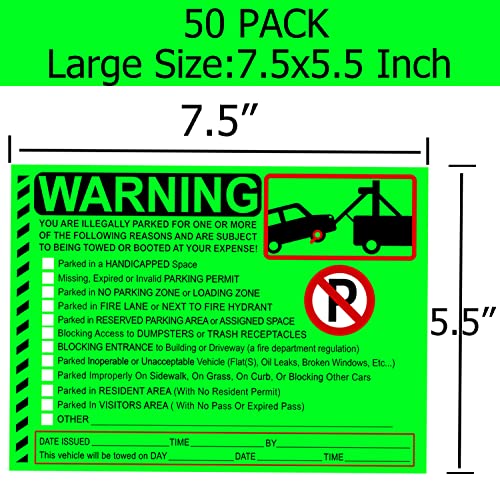 Parking Violation Stickers Notice Parking Violation Stickers Tow Warning You are Illegally Parked Multi Reasons 50 pcs Private Parking Warning Sticker for Car Window Fluorescent Green 5.5X7.5 inch