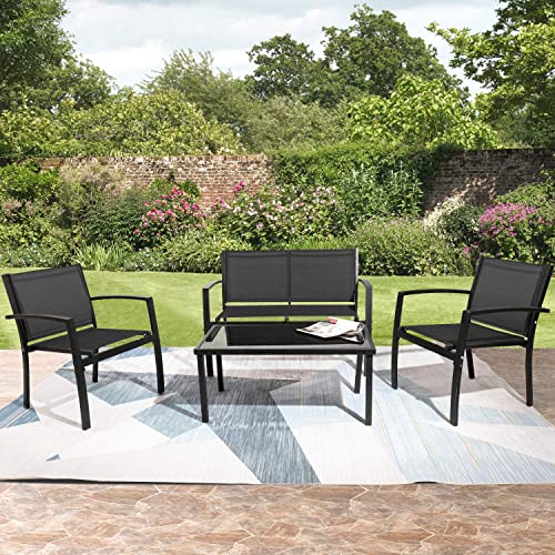 Tuoze 4 Pieces Patio Furniture Set Outdoor Conversation Set with Glass Coffee Table Bistro Set with Loveseat Garden Yard Lawn and Balcony (Black)