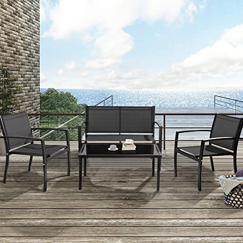 Tuoze 4 Pieces Patio Furniture Set Outdoor Conversation Set with Glass Coffee Table Bistro Set with Loveseat Garden Yard Lawn and Balcony (Black)