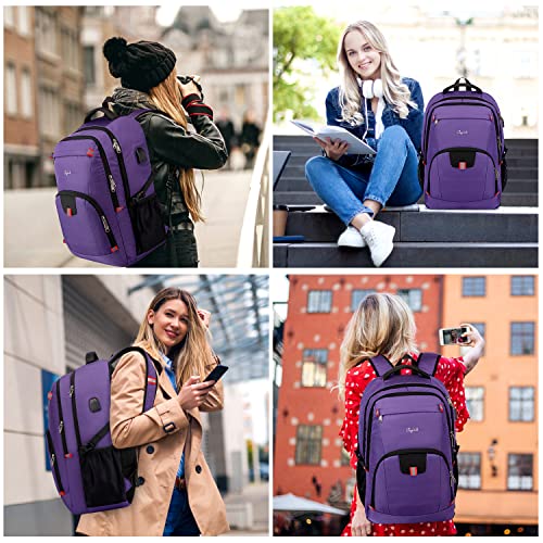 Travel Laptop Backpack 17.3 inch,Extra Large School Backpack Bookbag Computer Rucksack with USB Charging Port,Water Resistant Backpacks for Business College Travel,Women Casual Daypack,Purple