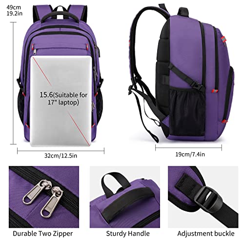 Travel Laptop Backpack 17.3 inch,Extra Large School Backpack Bookbag Computer Rucksack with USB Charging Port,Water Resistant Backpacks for Business College Travel,Women Casual Daypack,Purple