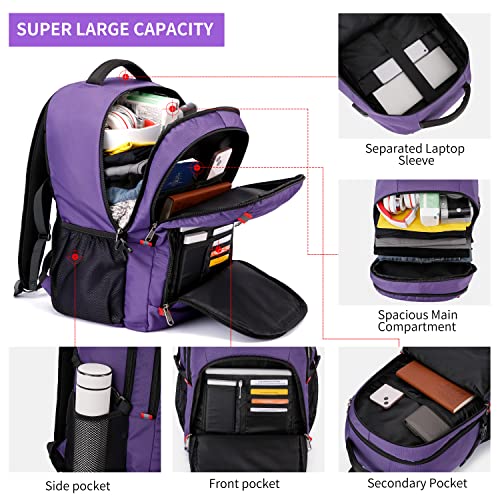 Travel Laptop Backpack 17.3 inch,Extra Large School Backpack Bookbag Computer Rucksack with USB Charging Port,Water Resistant Backpacks for Business College Travel,Women Casual Daypack,Purple