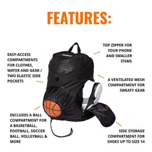 POINT3 Basketball Backpack Road Trip 2.0, Bag with Drawstring for Soccer, Volleyball & More, Compartments for Shoes, Water, & Clothes, Water Resistant Equipment Bag, Unisex Sports Backpack - Black