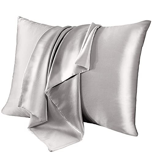 100% Mulberry Silk Pillowcase Pure,21 Momme Both Side Real Silk Pillowcases Hidden Zippered Slip Silk Pillowcase Hypoallergenic Soft Breathable for Hair, Skin and Good Sleep（Grey, Standard：20"x26"）