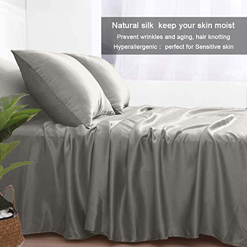 100% Mulberry Silk Pillowcase Pure,21 Momme Both Side Real Silk Pillowcases Hidden Zippered Slip Silk Pillowcase Hypoallergenic Soft Breathable for Hair, Skin and Good Sleep（Grey, Standard：20"x26"）