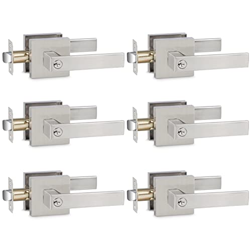 E-Home Hardware Entry/Entrance Door Handles with Locks and Same Keys for Front Exterior Door Use, Square Satin Nickel Finish Keyed Alike Door Levers Knobs for Right/Left Handed Doors, Combo Pack of 5