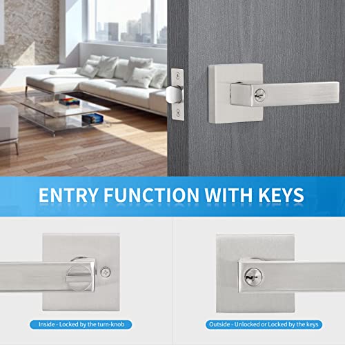 E-Home Hardware Entry/Entrance Door Handles with Locks and Same Keys for Front Exterior Door Use, Square Satin Nickel Finish Keyed Alike Door Levers Knobs for Right/Left Handed Doors, Combo Pack of 5