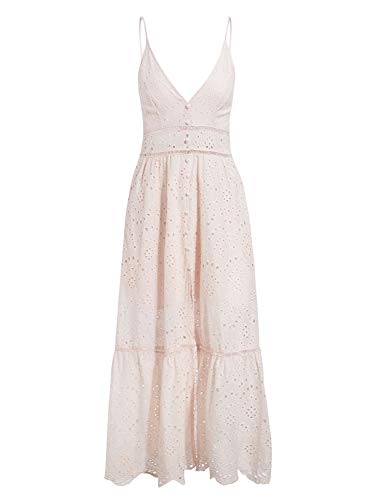 BerryGo Women's Embroidery Pearl Button Down Dress V Neck Spaghetti Strap Maxi Dress Peach Barbie Dress L