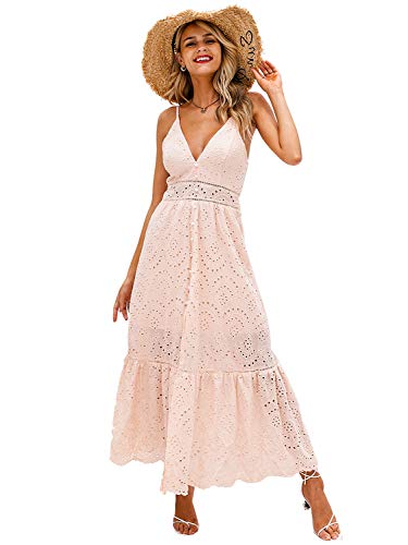 BerryGo Women's Embroidery Pearl Button Down Dress V Neck Spaghetti Strap Maxi Dress Peach Barbie Dress L