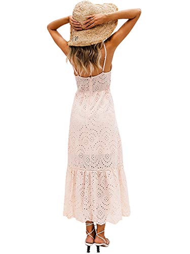 BerryGo Women's Embroidery Pearl Button Down Dress V Neck Spaghetti Strap Maxi Dress Peach Barbie Dress L