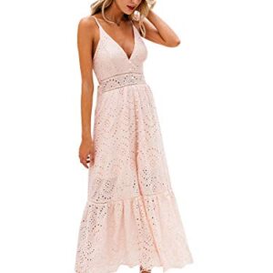 BerryGo Women's Embroidery Pearl Button Down Dress V Neck Spaghetti Strap Maxi Dress Peach Barbie Dress L