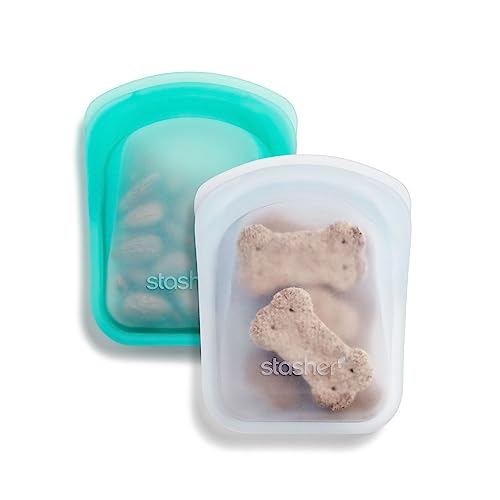 Stasher Reusable Silicone Storage Bag, Food Storage Container, Microwave and Dishwasher Safe, Leak-free, Pocket 2-Pack, Clear + Aqua