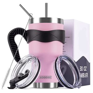 koodee 30 oz tumbler with lid and straw stainless steel double wall vacuum insulated travel coffee mug cup with handle, spill proof (30 oz purple pink)