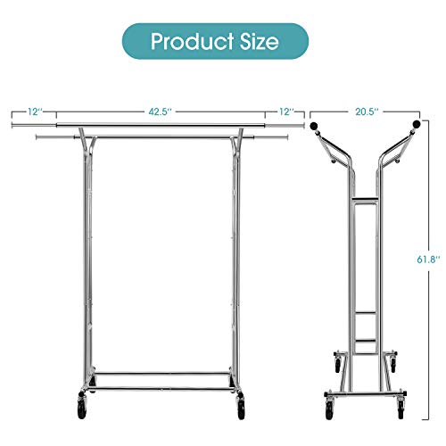 Auledio Clothes Garment Rack, Commercial Grade Clothes Rolling Heavy Duty Storage Organizer on Wheels with Adjustable Clothing Rack , Holds up to 250 lbs, Chrome (Two Heads)