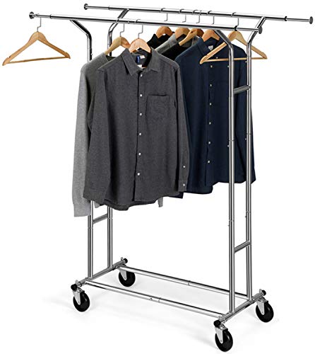 Auledio Clothes Garment Rack, Commercial Grade Clothes Rolling Heavy Duty Storage Organizer on Wheels with Adjustable Clothing Rack , Holds up to 250 lbs, Chrome (Two Heads)