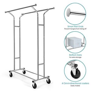 Auledio Clothes Garment Rack, Commercial Grade Clothes Rolling Heavy Duty Storage Organizer on Wheels with Adjustable Clothing Rack , Holds up to 250 lbs, Chrome (Two Heads)