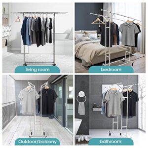 Auledio Clothes Garment Rack, Commercial Grade Clothes Rolling Heavy Duty Storage Organizer on Wheels with Adjustable Clothing Rack , Holds up to 250 lbs, Chrome (Two Heads)