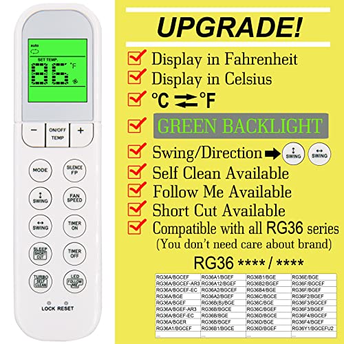 Replacement Remote Control for Midea ComfortStar FrigidaireAC Cooper&Hunter AC Air Conditioner RG36B/BGE RG36F/BGEF RG36A/BGEF-AR3 RG36B/BGCE RG36Y1/BGCEFU2 RG36F1/BGEFU1 RG36B4(B)/BGE RG36B2/BGEF