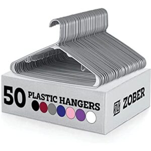 Zober Plastic Hangers 50 Pack - Gray Plastic Hangers - Space Saving Clothes Hangers for Shirts, Pants & for Everyday Use - Clothing Hangers with Hooks