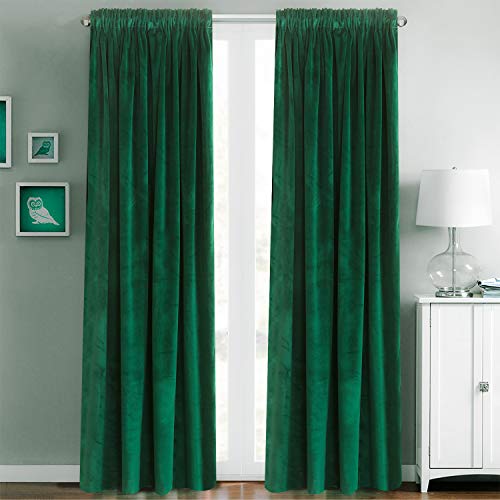 Roslynwood Velvet Curtains Forest Green Rod Pocket & Clip Rings Drapes Emerald Green 63 inch Thermal Insulated for Bedroom 2 Panels (W52'' x L63'', Emerald Green)