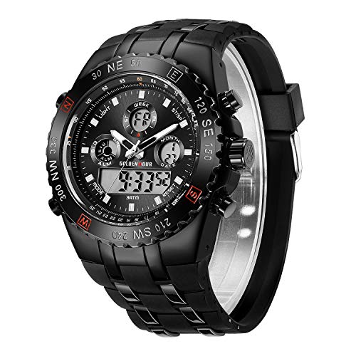 GOLDEN HOUR Huge Face Big Size Military Sports Mens Watches Waterproof, Stopwatch, Date and Date, Alarm, Luminous Digital Analog Stainless Steel Wrist Watch with Rubber Band in Black