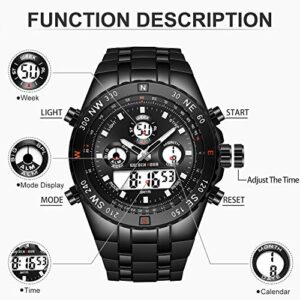 GOLDEN HOUR Huge Face Big Size Military Sports Mens Watches Waterproof, Stopwatch, Date and Date, Alarm, Luminous Digital Analog Stainless Steel Wrist Watch with Rubber Band in Black