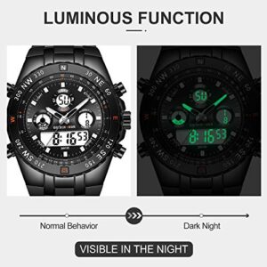 GOLDEN HOUR Huge Face Big Size Military Sports Mens Watches Waterproof, Stopwatch, Date and Date, Alarm, Luminous Digital Analog Stainless Steel Wrist Watch with Rubber Band in Black