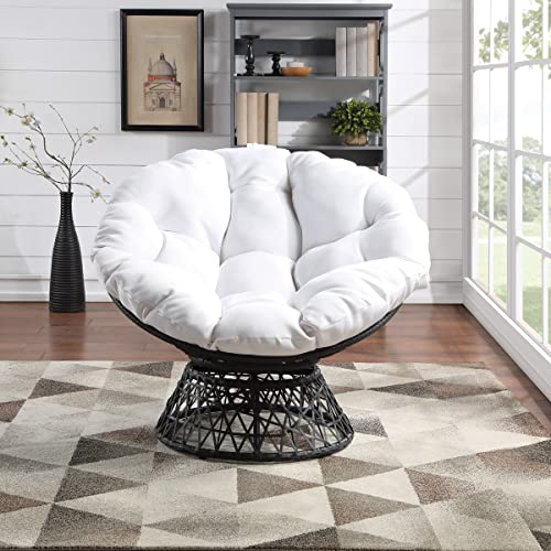 OSP Home Furnishings Wicker Papasan Chair with 360-Degree Swivel, 40â€ W x 36â€ D x 35.25â€ H, Grey Frame with White Cushion