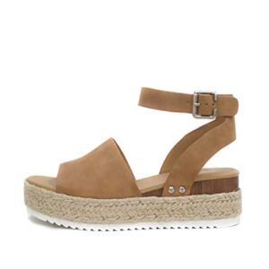 Soda Topic Open Toe Buckle Ankle Strap Espadrilles Flatform Wedge Casual Sandal (10, Tan)