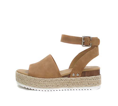 Soda Topic Open Toe Buckle Ankle Strap Espadrilles Flatform Wedge Casual Sandal (10, Tan)