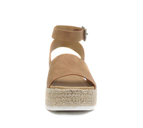 Soda Topic Open Toe Buckle Ankle Strap Espadrilles Flatform Wedge Casual Sandal (10, Tan)