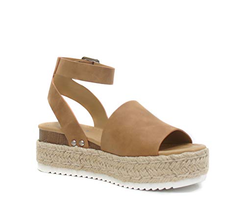 Soda Topic Open Toe Buckle Ankle Strap Espadrilles Flatform Wedge Casual Sandal (10, Tan)