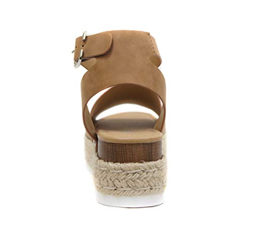 Soda Topic Open Toe Buckle Ankle Strap Espadrilles Flatform Wedge Casual Sandal (10, Tan)